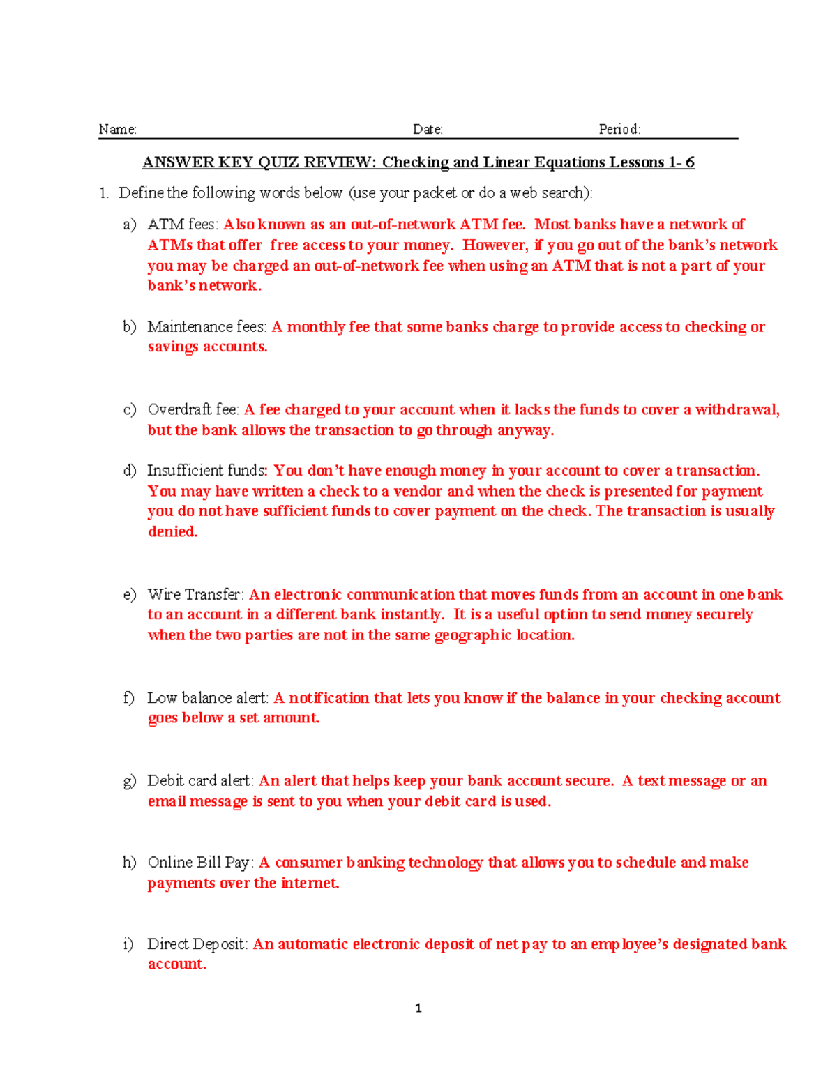 Answer KEY Quiz Review 1 Checking and Linear Equations Lessons 1 6 ...