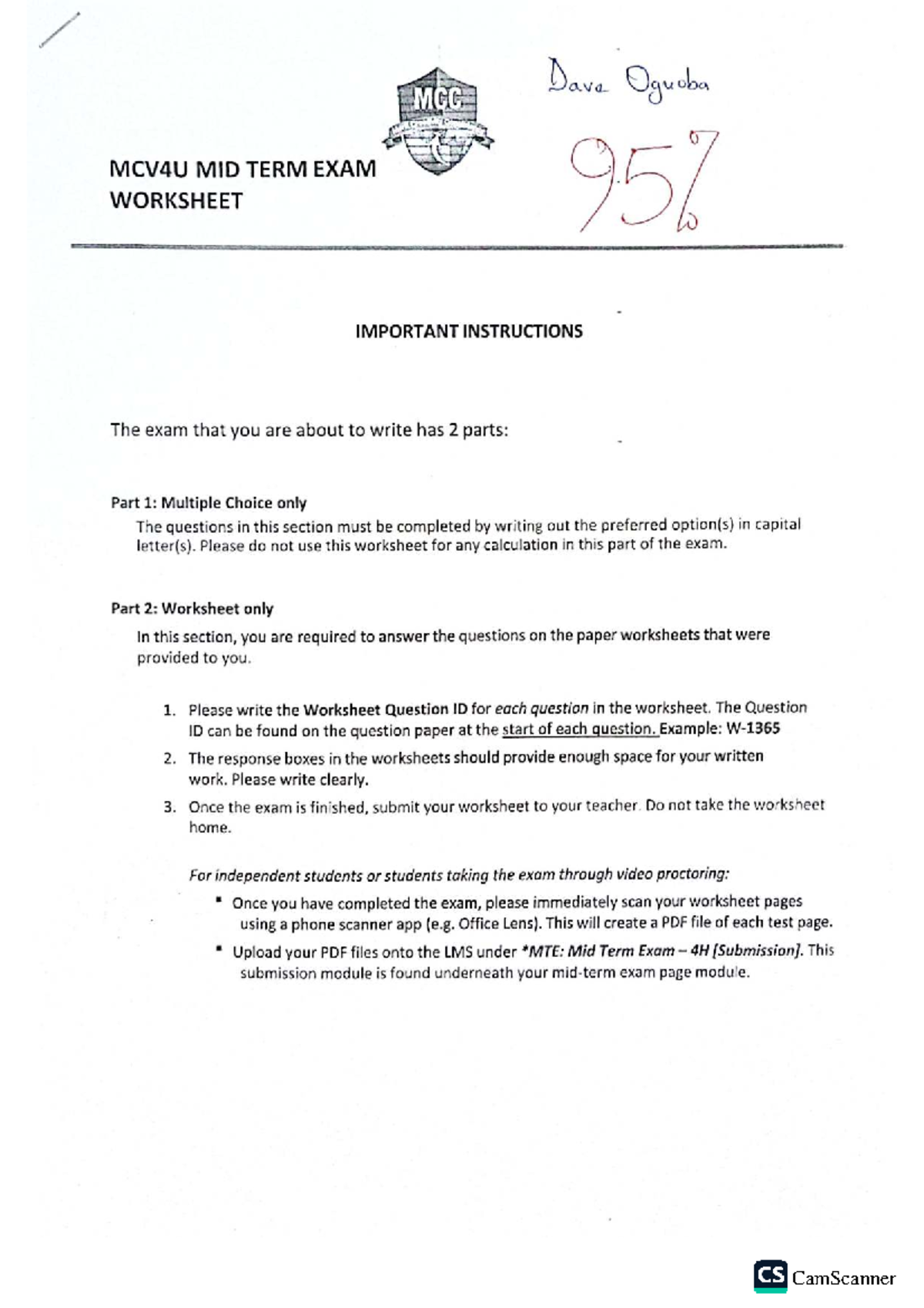 Annotated COPY MCV4U MIDTERM EXAM INSTRUCTIONS & WORKSHEET - Studocu