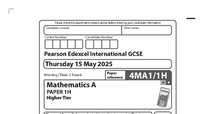 4MA1 1H GCSE Mathematics Higher Tier Exam Paper - May 2025 - Studocu