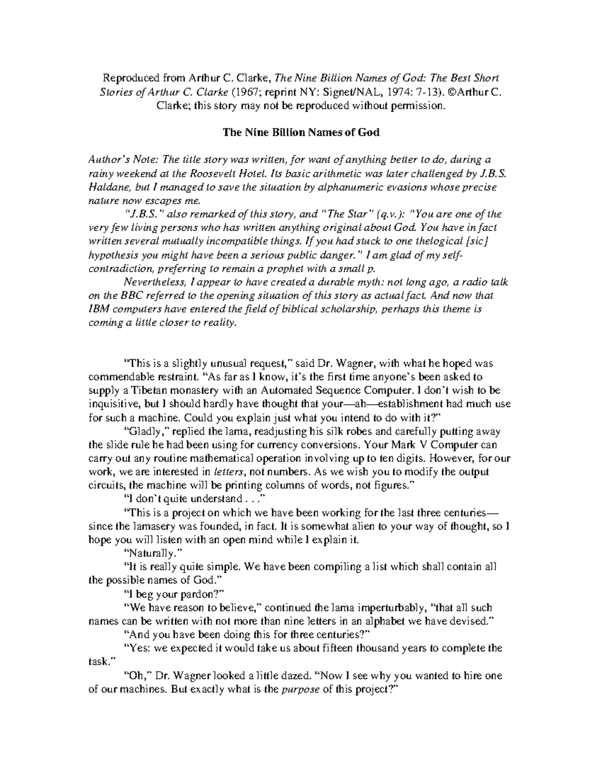 The Nine Billion Names of God: A Study of Clarke's Short Story - Studocu