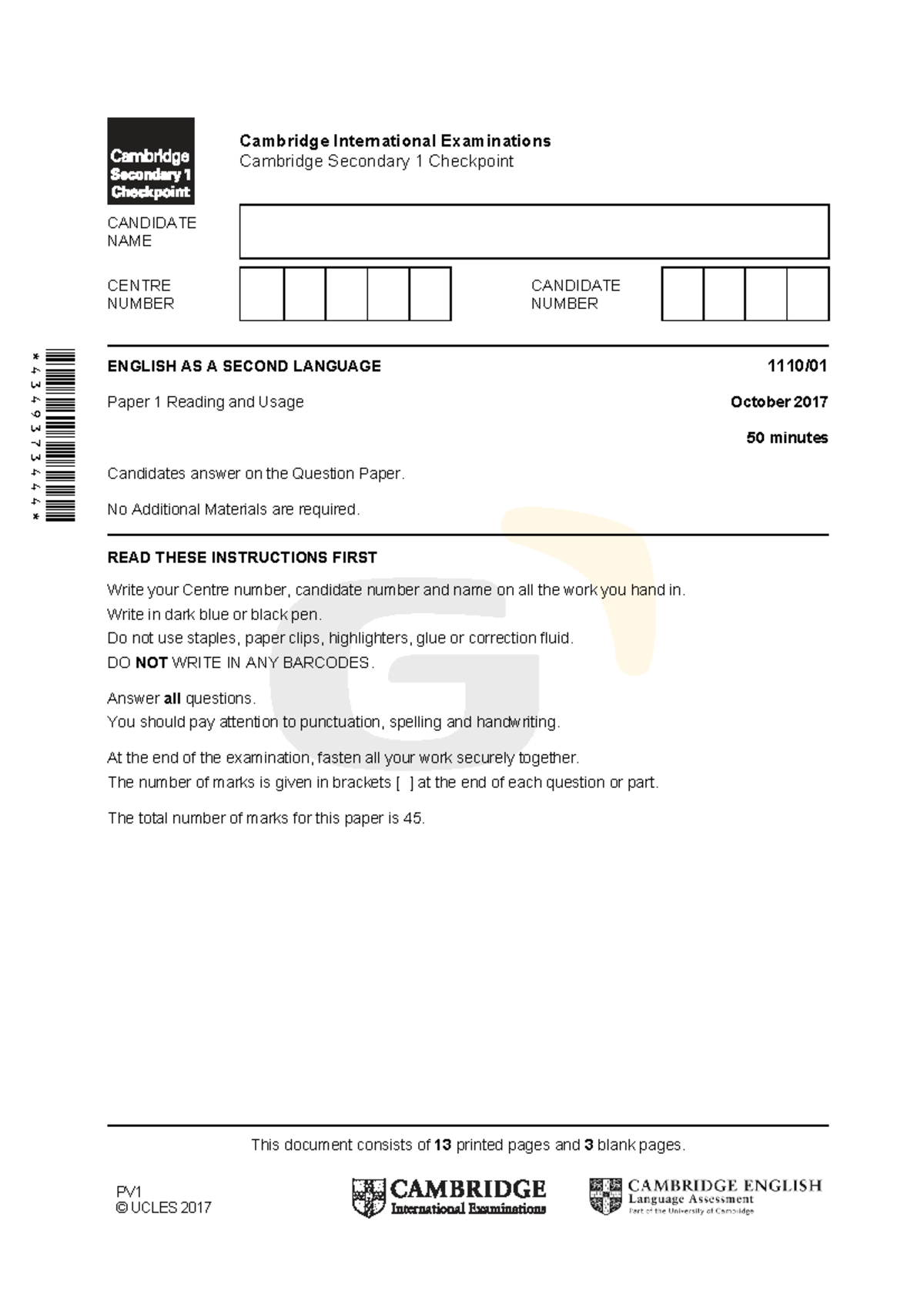 English as a Second Language Paper 1 Reading & Usage (Checkpoint) - Studocu