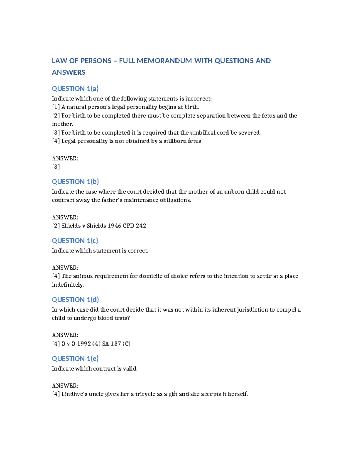 LAW OF PERSONS 2023 FULL MEMO: Q&A & Key Concepts - Studocu
