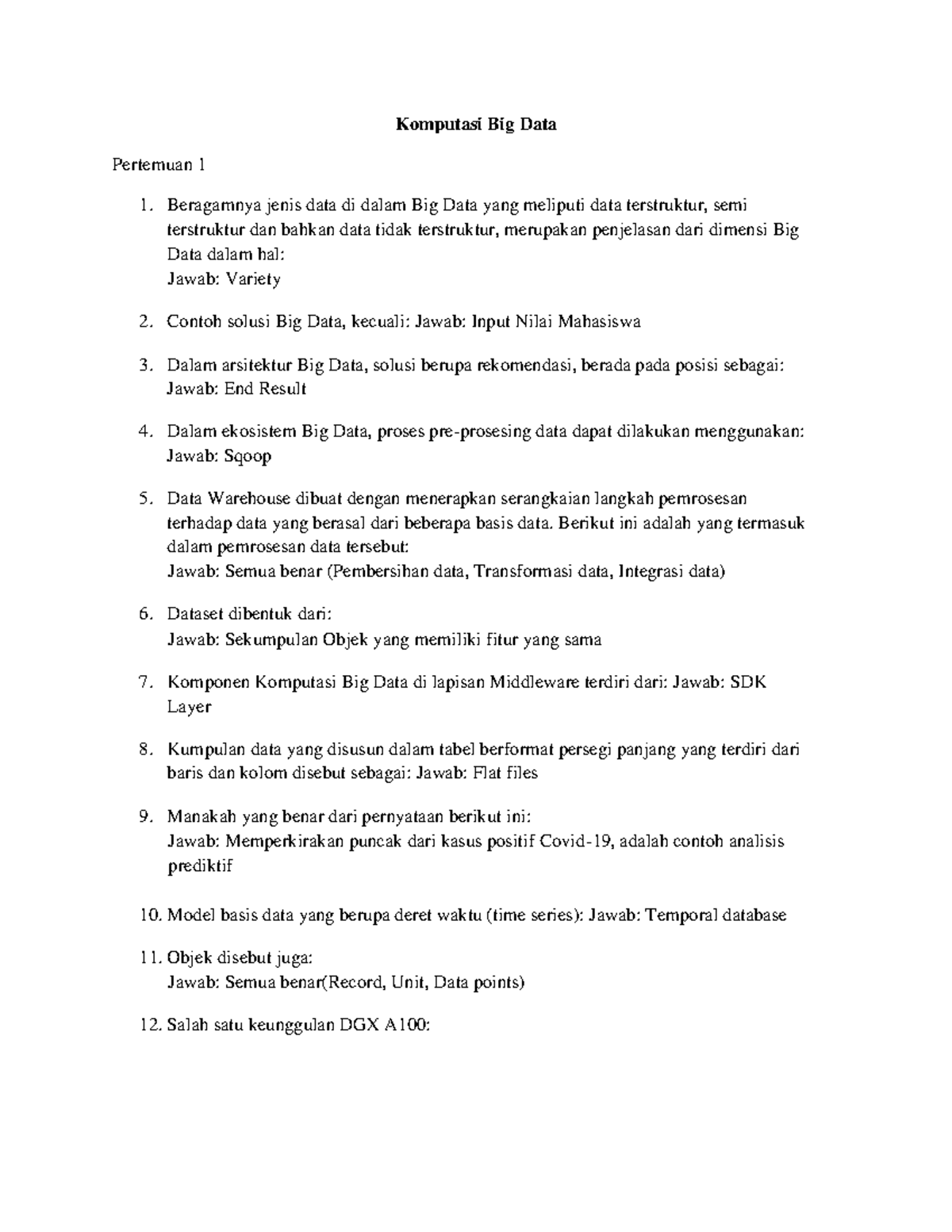 Komputasi Big Data - Quiz 1: Pemahaman Konsep dan Arsitektur - Studocu