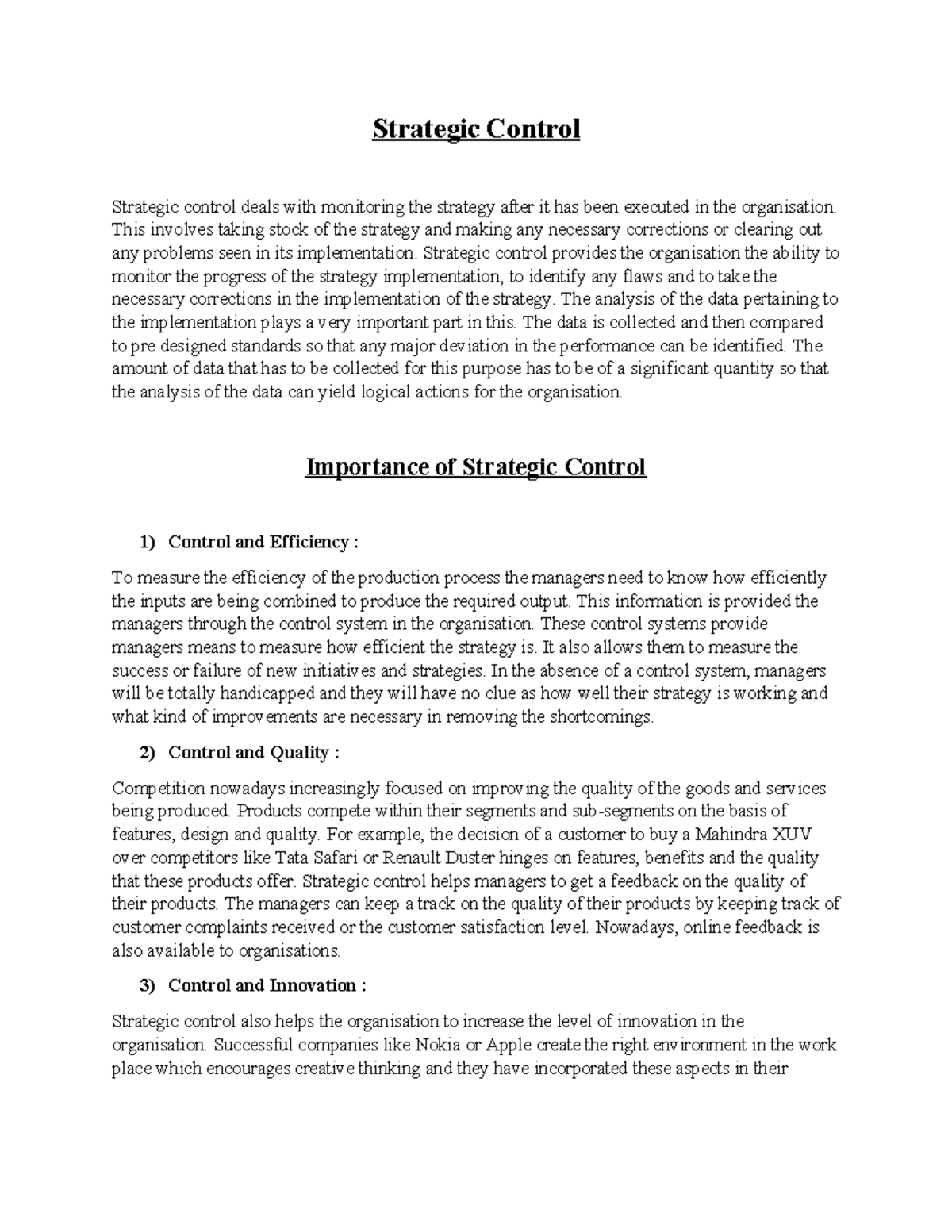 Strategic Control Insights: Importance, Process, and Techniques - Studocu