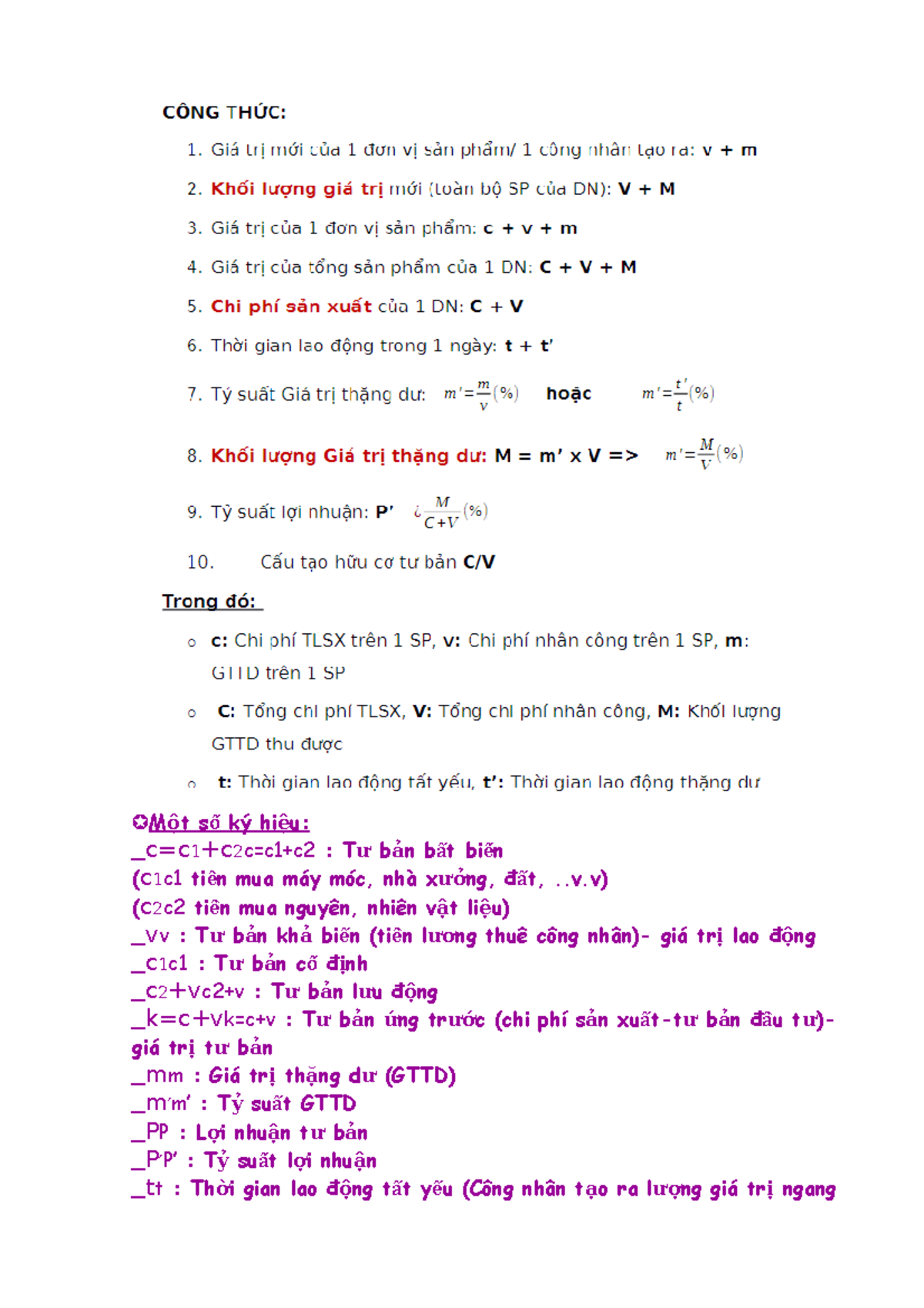 BT mẫu - công thức KTCT Mác - M ộ t s ốố k ý hi ệu: _ c=c 1 +c 2 c=c1+c2 : Tư bản bấốt biếốn ( c ...