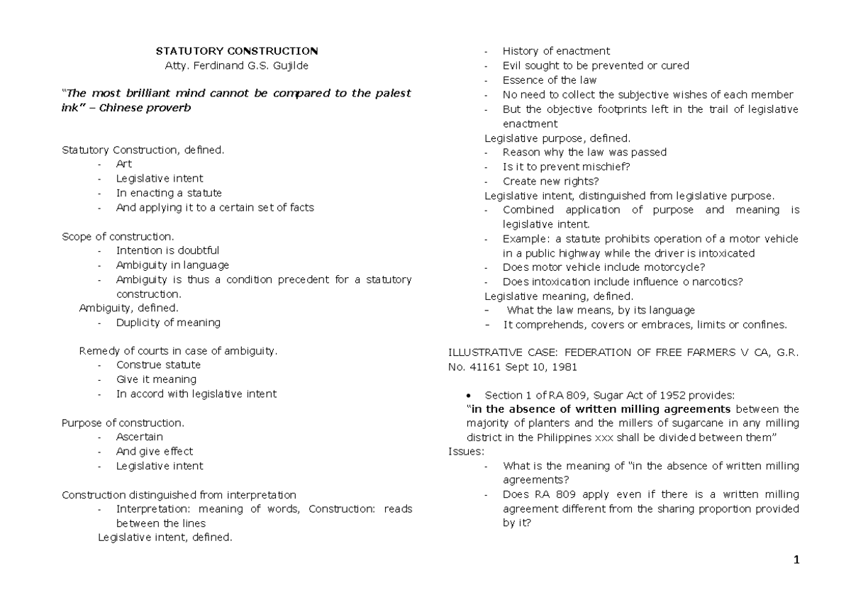 STATUTORY CONSTRUCTION: Insights and Key Cases (LAW 101) - Studocu