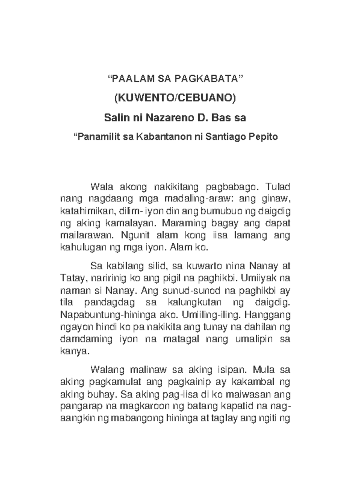 "PAALAM SA PAGKABATA: Kuwento at Aral mula sa Cebuano Literature" - Studocu