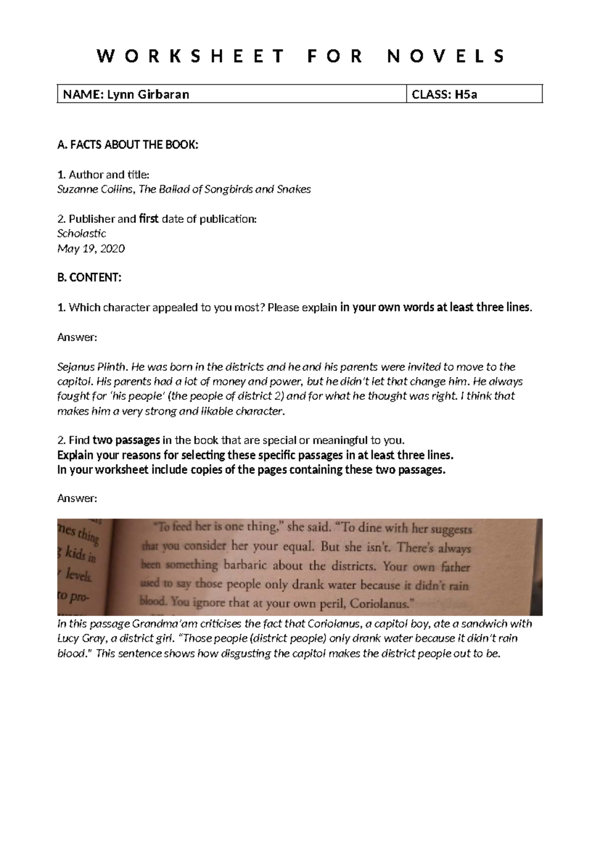 Worksheet for The Ballad of Songbirds and Snakes by Suzanne Collins ...