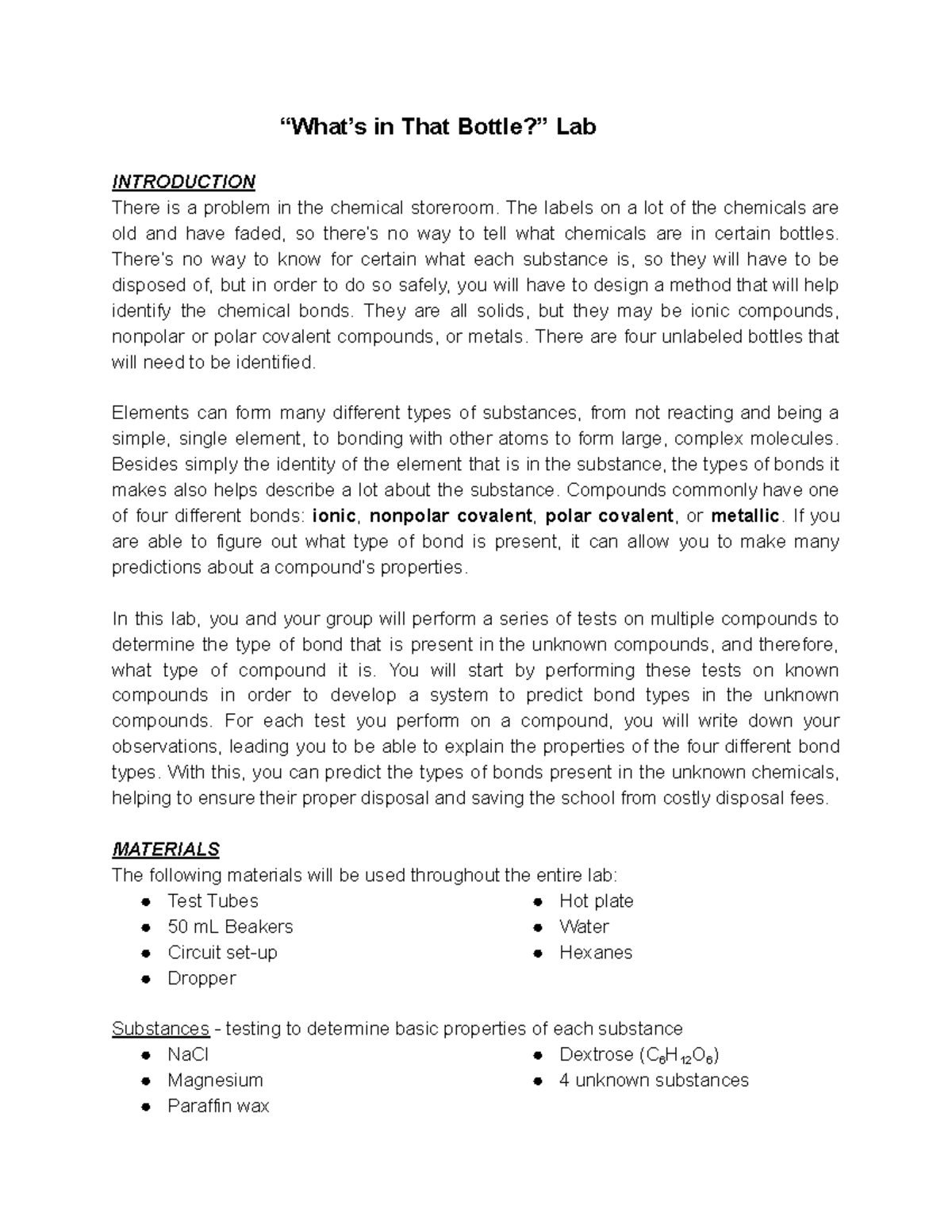 What’s in That Bottle Lab (HON): Identifying Chemical Bonds - Studocu