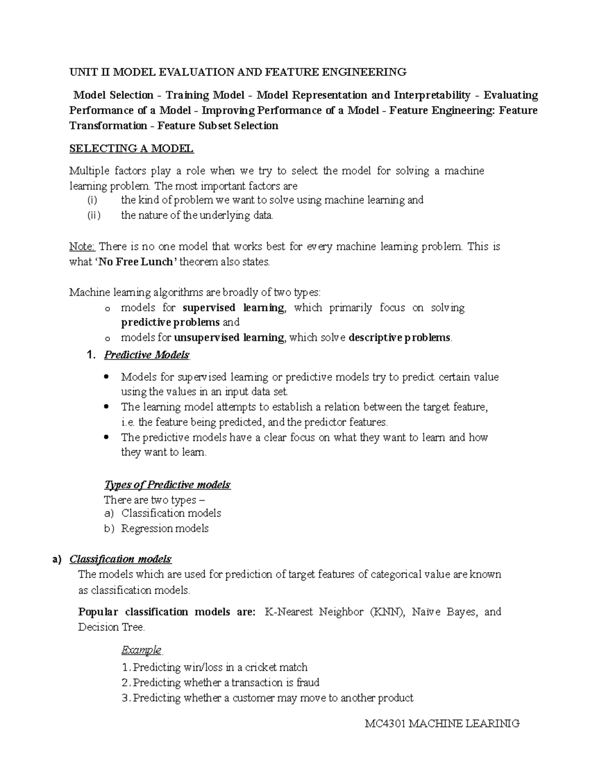 MC4301 Model Evaluation & Feature Engineering: Key Concepts and Techniques - Studocu