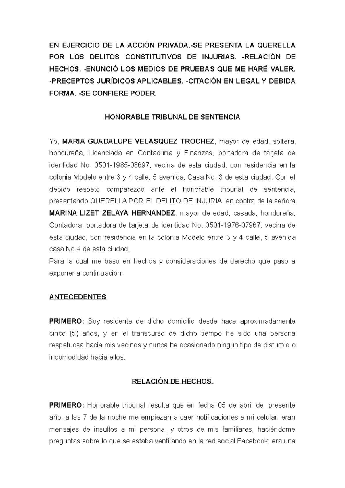 Querella por Injurias en el Proceso Penal - Caso Marina Zelaya - Studocu