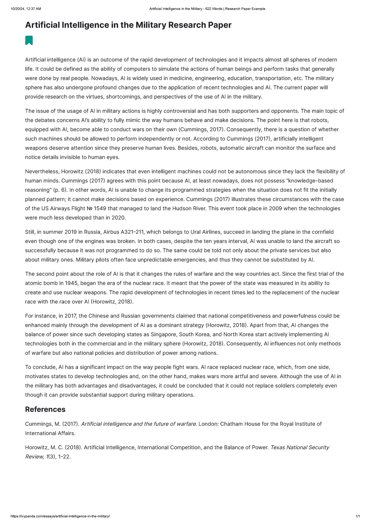 Artificial Intelligence in the Military - 622 Words Research Paper ...