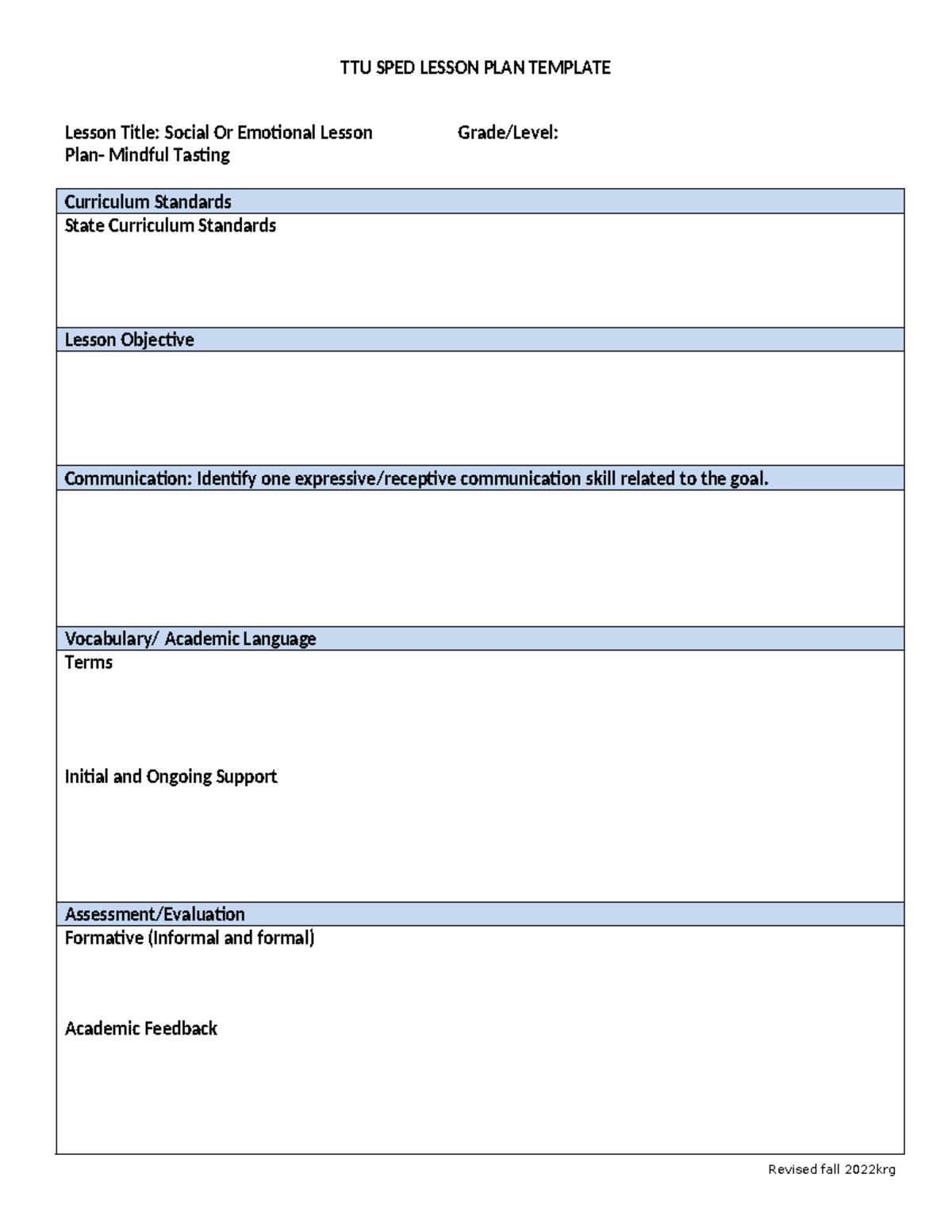 TTU SPED LESSON PLAN TEMPLATE: Mindful Tasting Curriculum Guide - Studocu