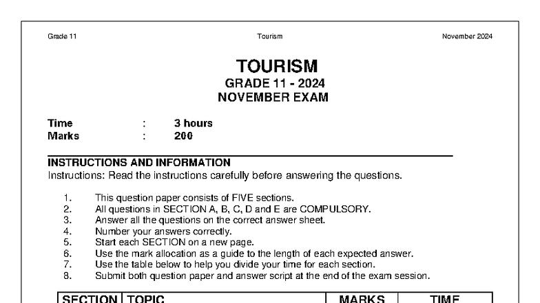 Grade 11 Tourism Nov 2024 Final Exam Question Paper - Studocu