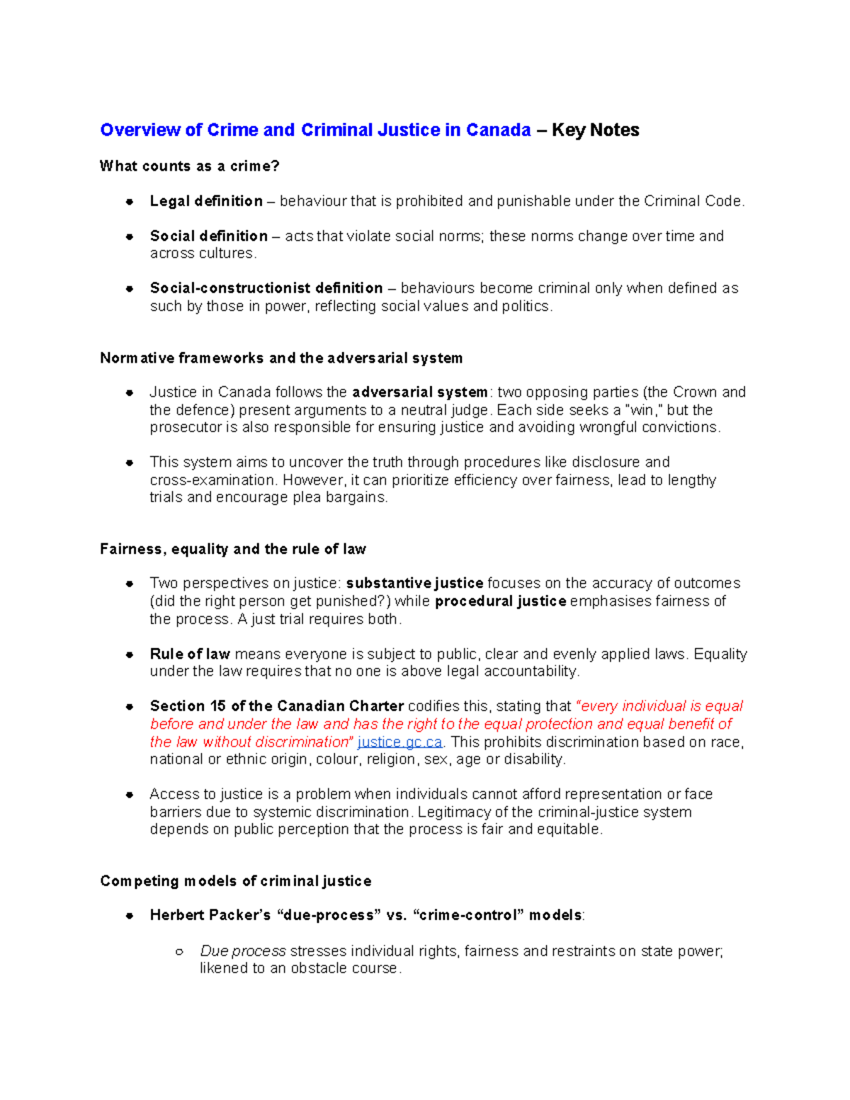 CH 1: Overview of Crime & Criminal Justice in Canada Key Notes - Studocu