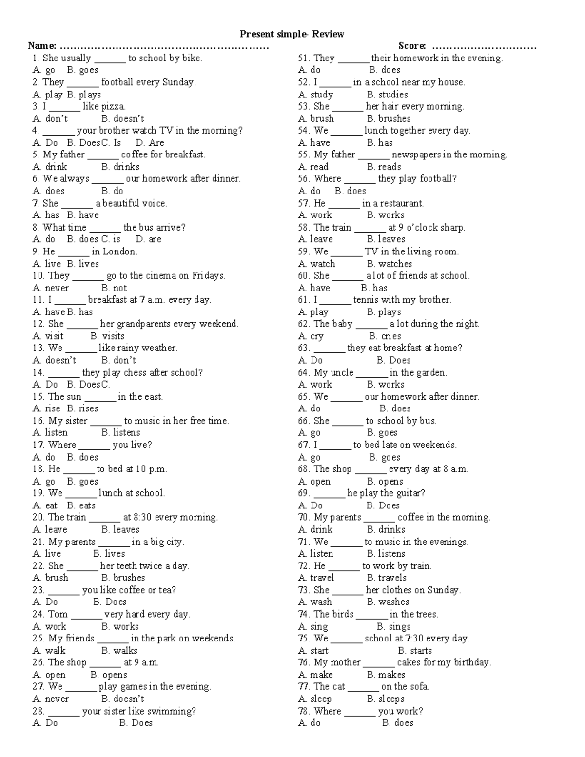 Present Simple Review: Exercises and Answers (Review-Present simple.03 ...