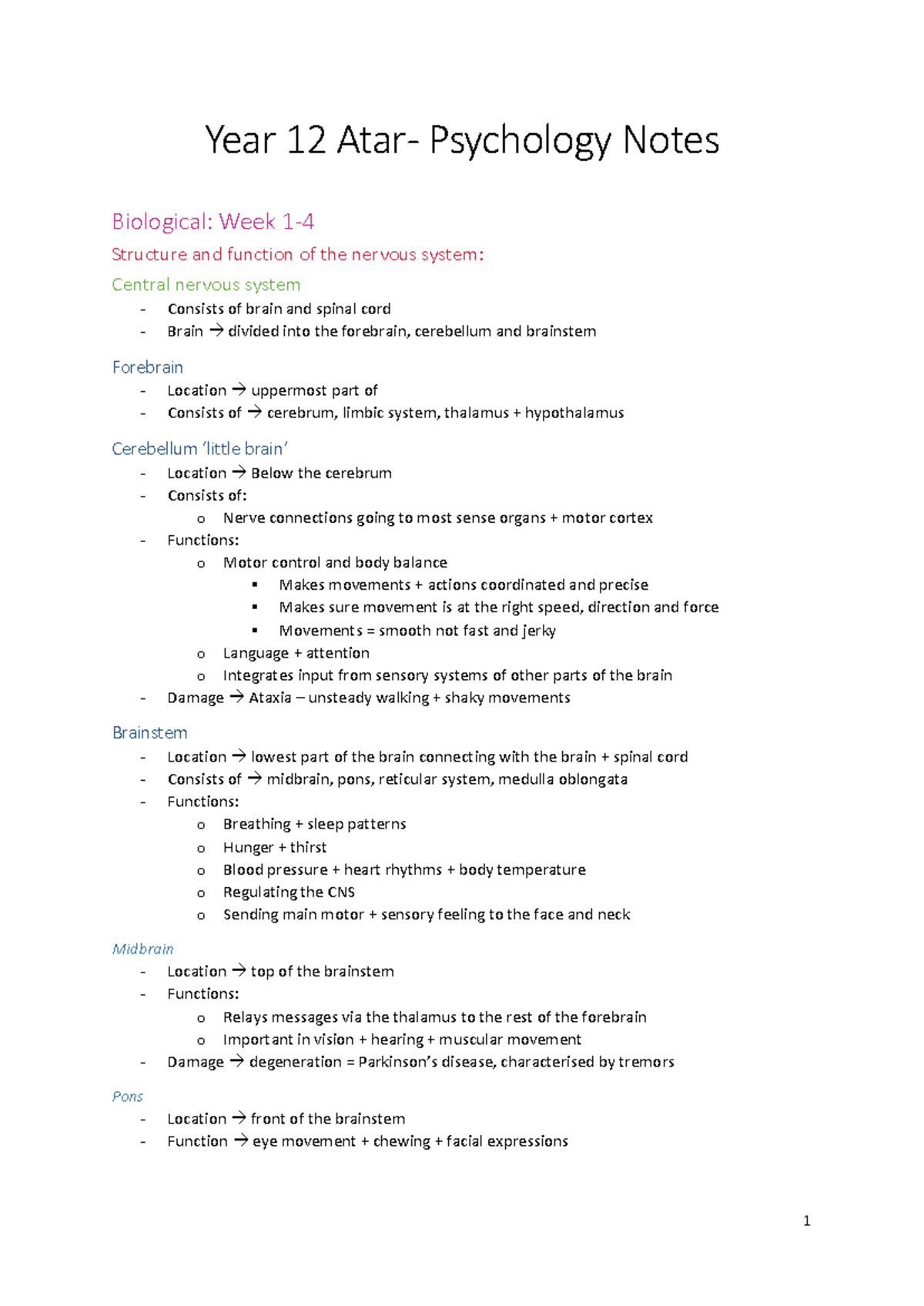Year 12 ATAR Psychology Notes: Nervous System Structure & Function ...