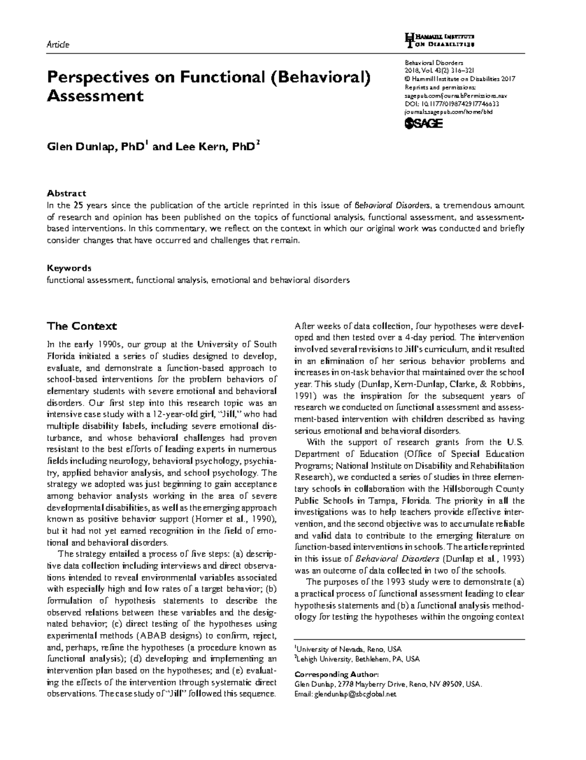 Perspectives on Functional Behavioral Assessment in Education (746633 ...