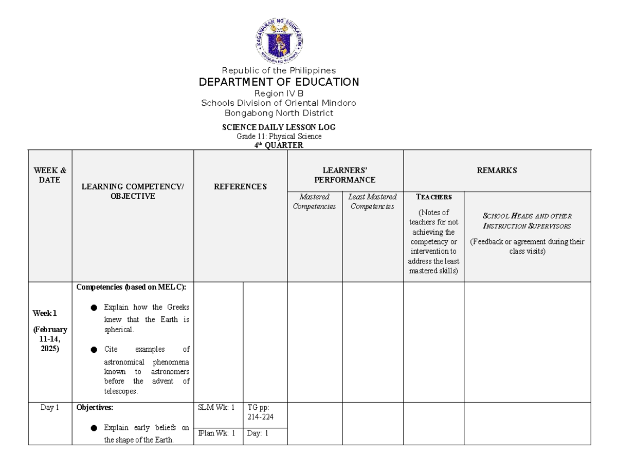 Grade 11 Physical Science Daily Lesson Log (4th Quarter) - Studocu