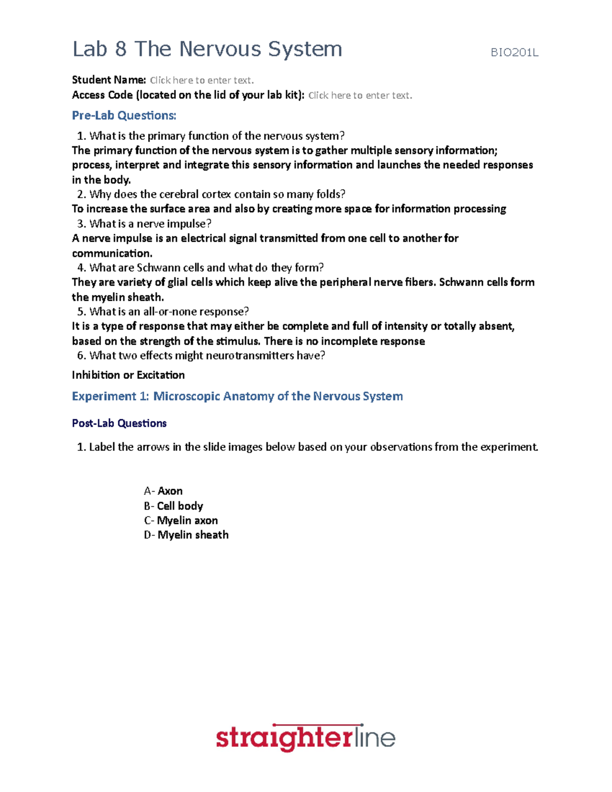 BIO201L Lab 8: Nervous System Exploration and Experiments Report - Studocu