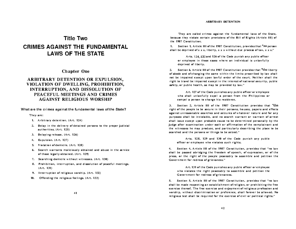 RPC Article 124-129: Crimes Against Fundamental Laws of the State - Studocu