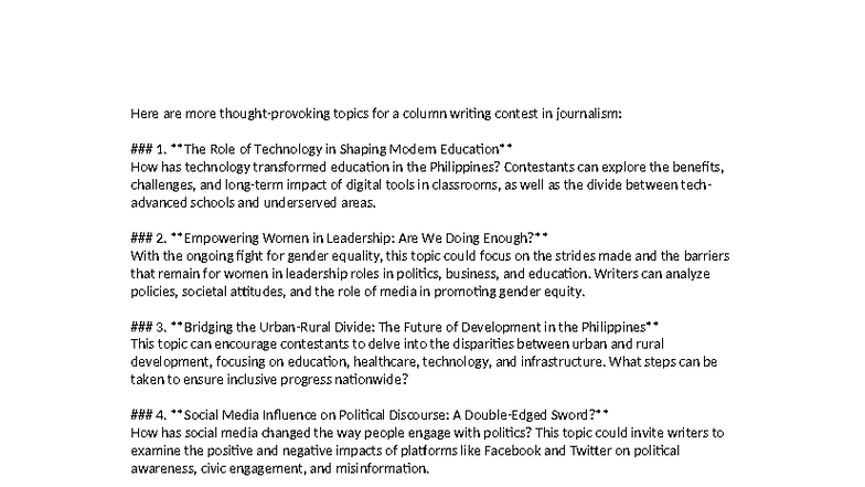 MORE Topics for Column Writing Contest in Journalism - Studocu