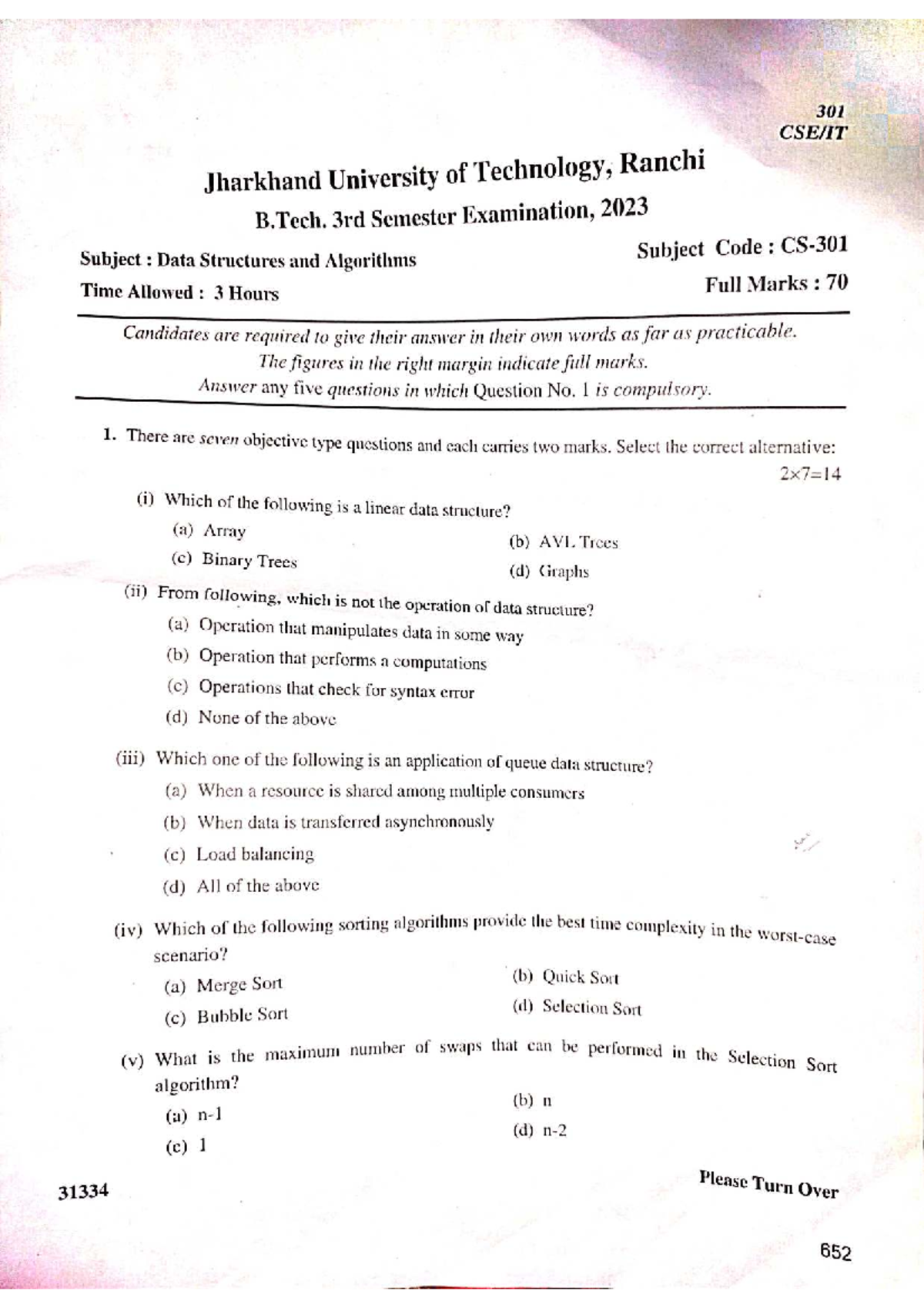DSA 301 - Jharkhand University 3rd Sem Exam 2023: Data Structures - Studocu