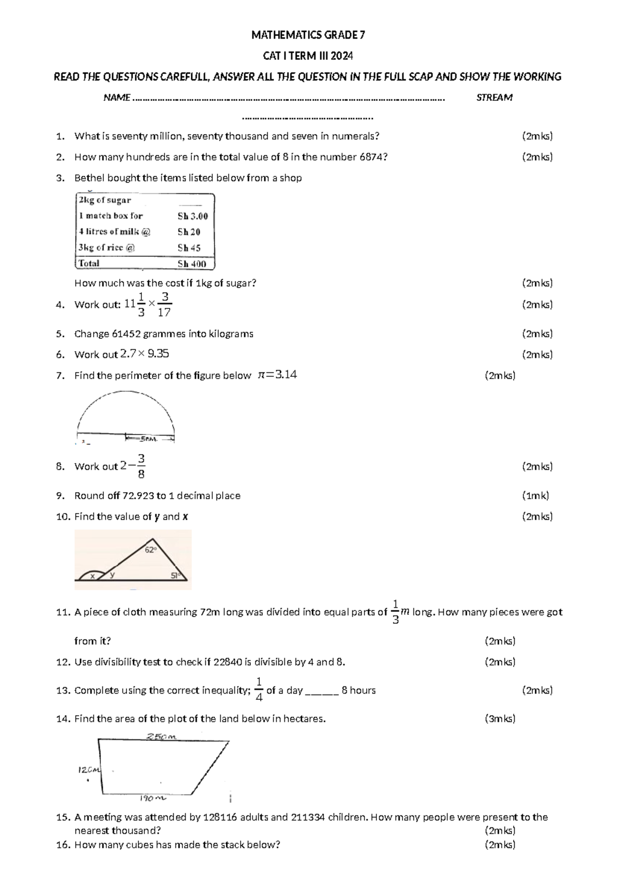 Mathematics Grade 7 CAT I Term 3 2024 Exam Questions - Studocu