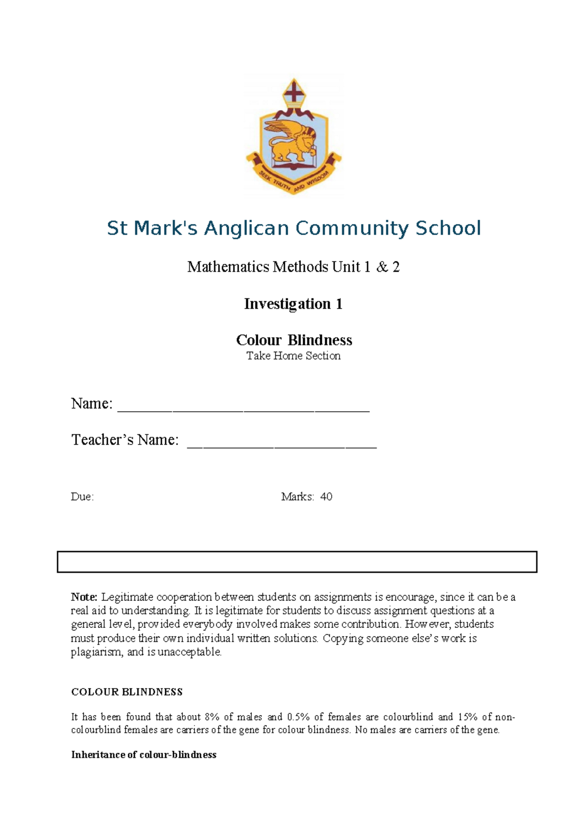 St Anglican Community School Math Methods Unit 1 Investigation 1 ...