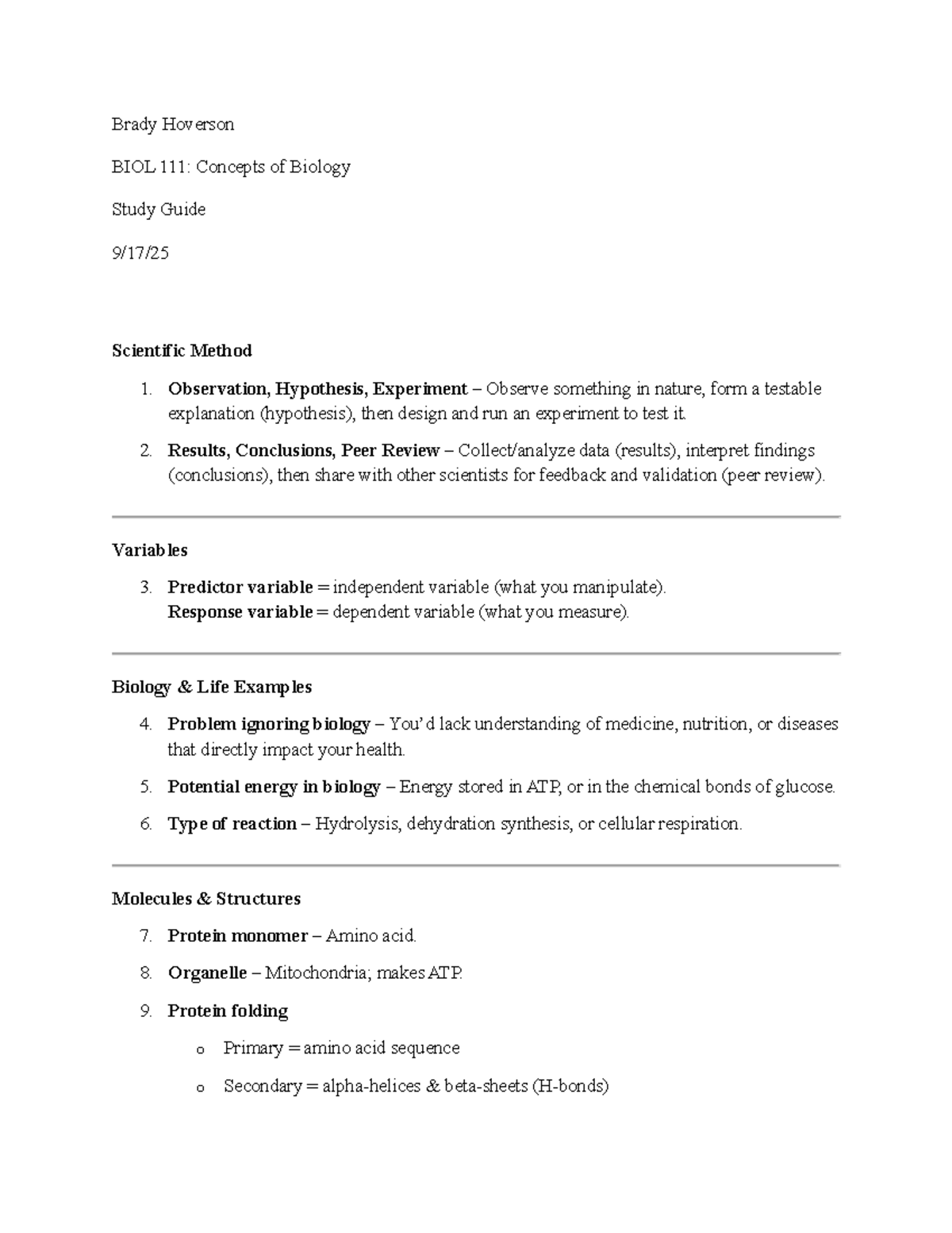 BIOL 111: Concepts of Biology - Detailed Study Guide on Scientific ...