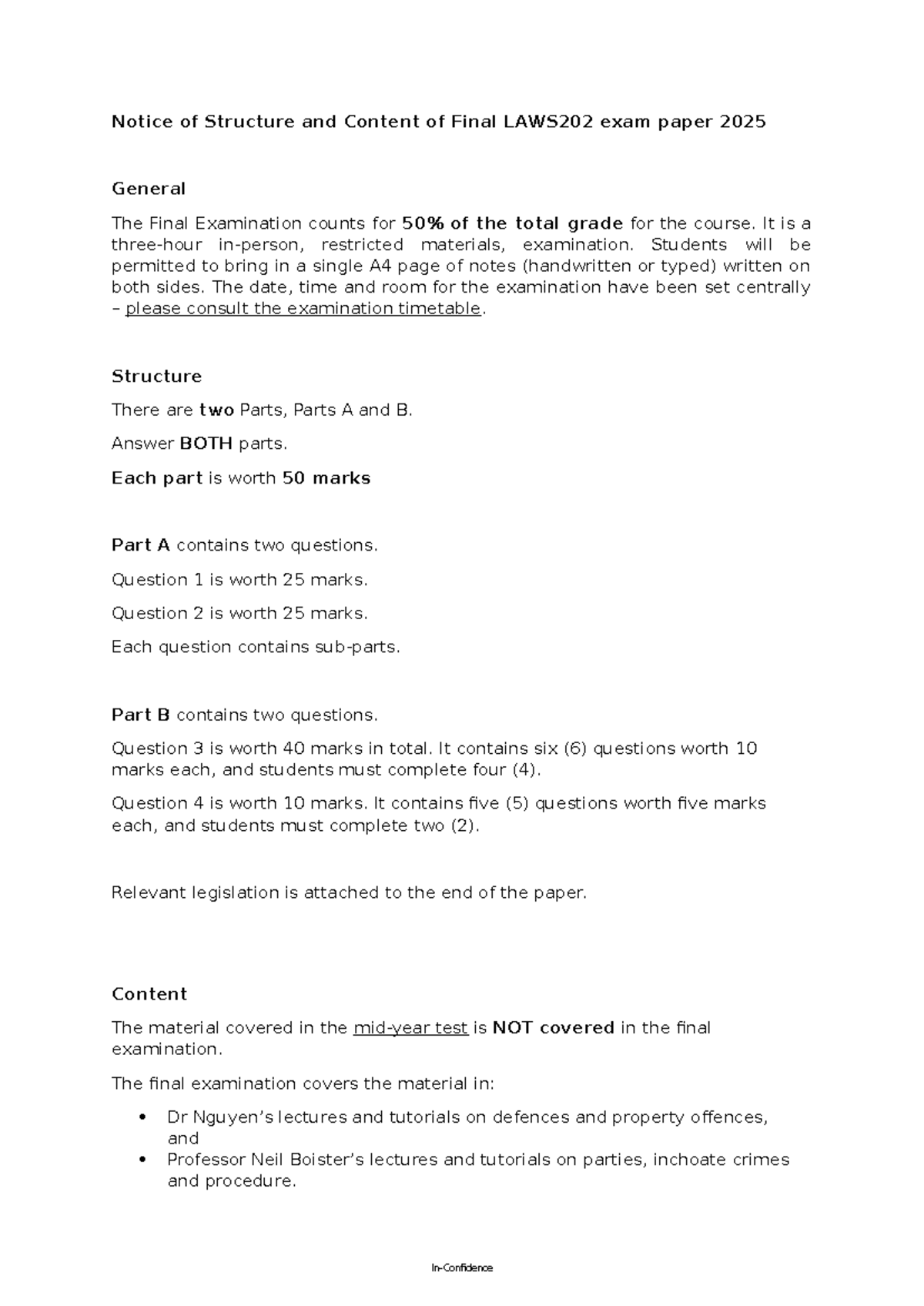 Final Exam Structure for LAWS202 - 2025 - Studocu