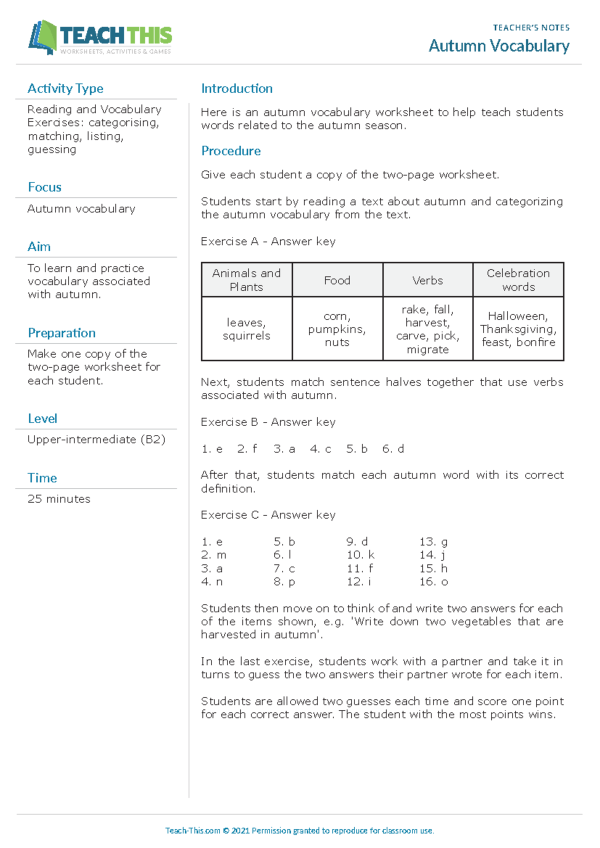 Autumn Vocabulary Worksheet for Upper-Int. (B2) Students - Studocu