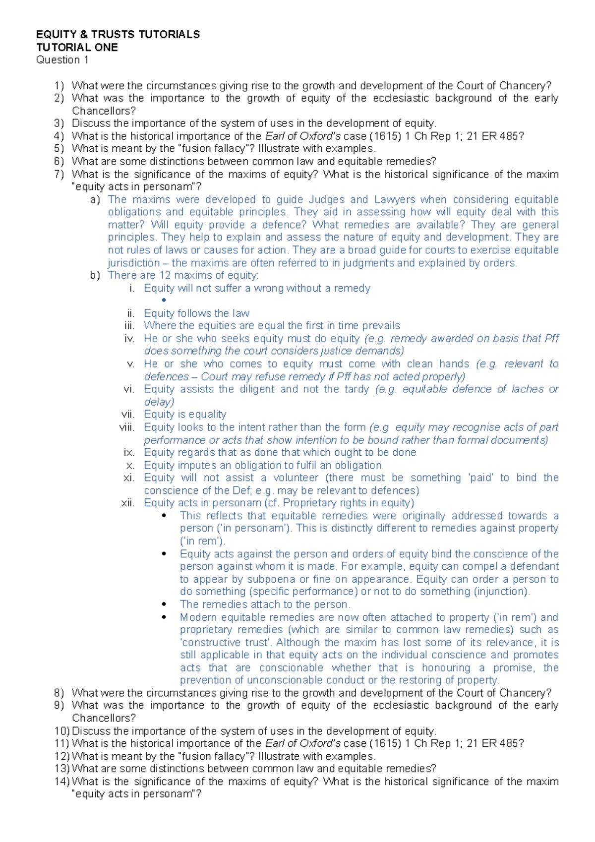 Equity & Trusts - Tutorial Answers: Key Questions & Concepts - Studocu