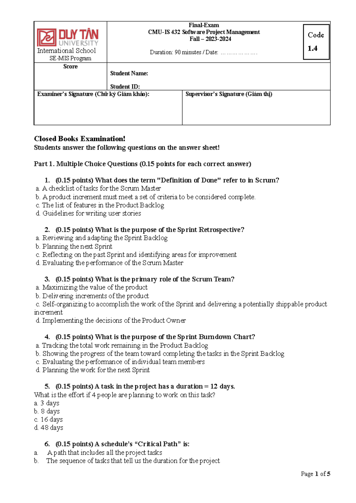 CMU-IS 432 Final Exam 2023F - Software Project Management Questions ...