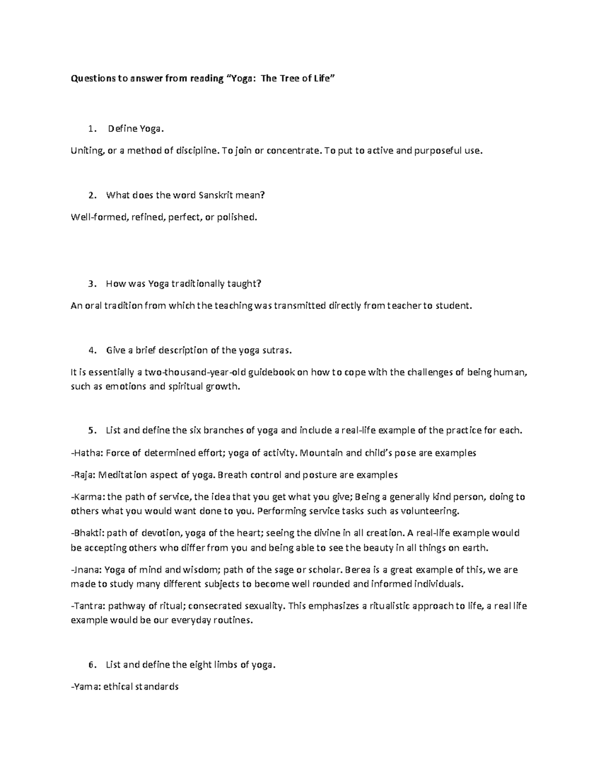 Yoga Concepts and Definitions: Tree of Life Questions (Course Code ...
