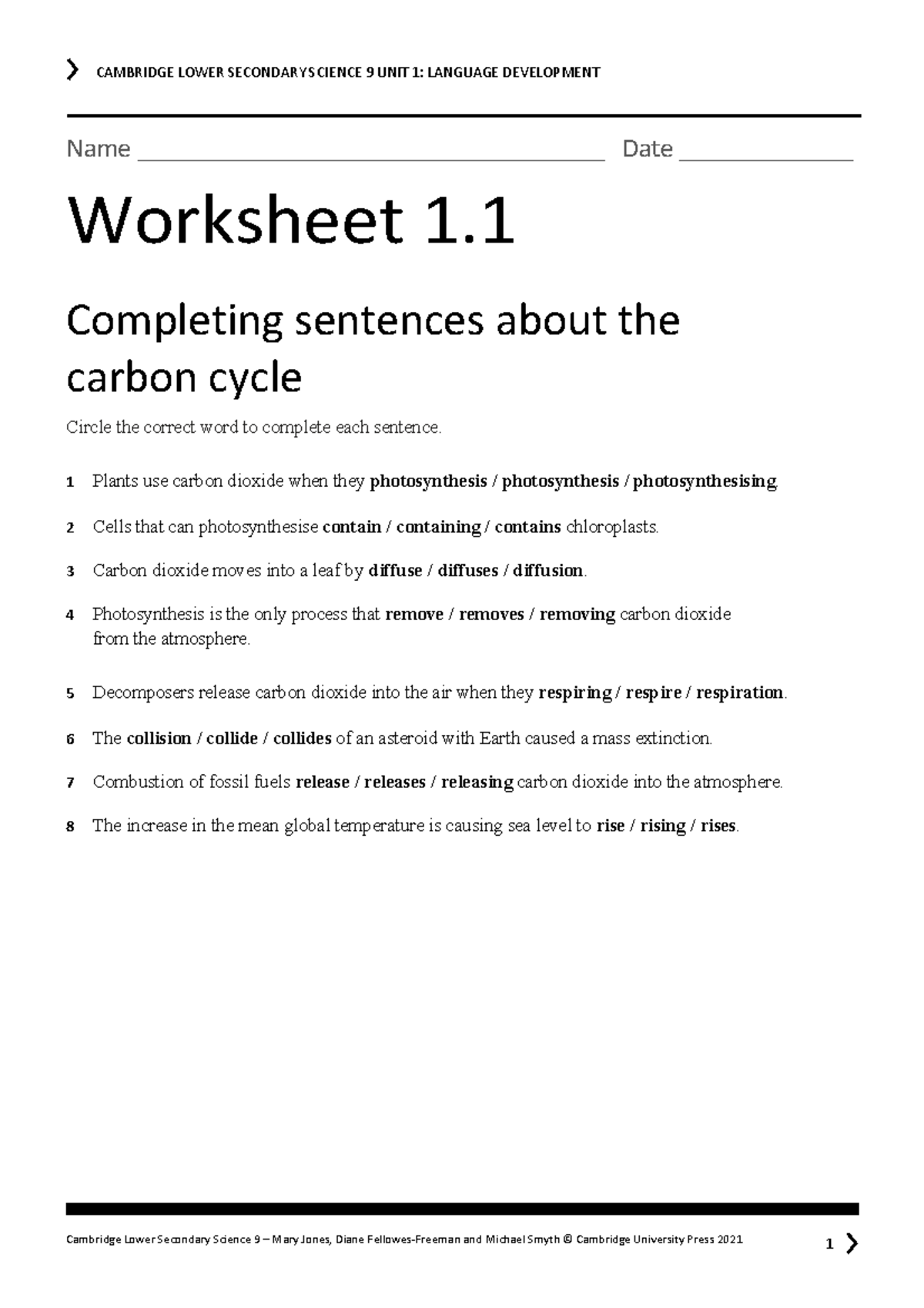 S9 U1 Language Development Worksheets on Carbon Cycle and Predictions ...