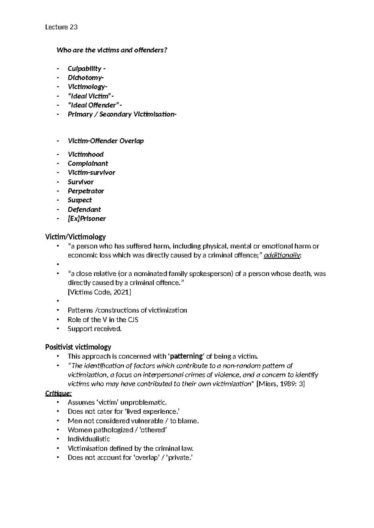 Lecture 23: Understanding Victims and Offenders in Criminology - Studocu