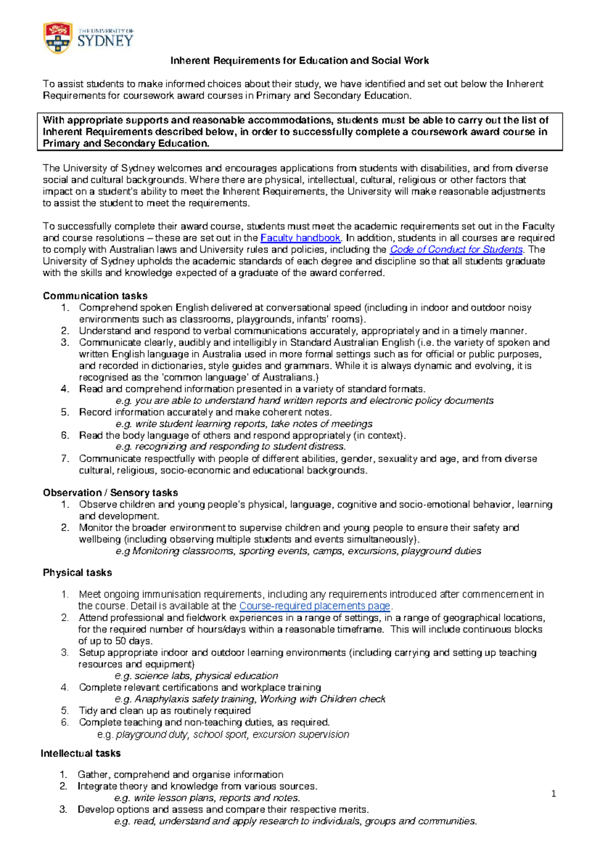 Inherent Requirements for Education (EDUC 101) - Secondary Coursework ...