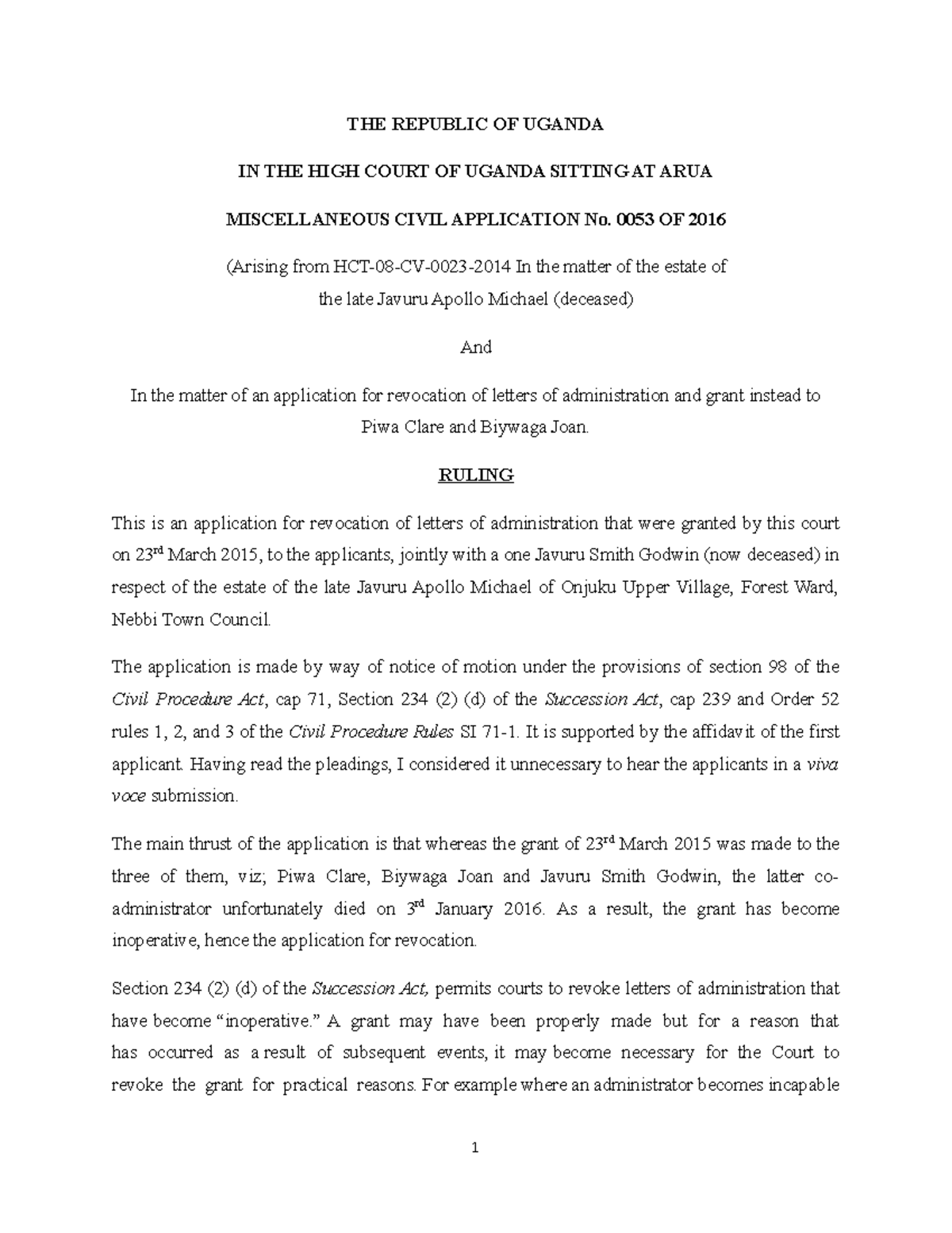 2016-UG-HC-0053 - Ruling on Revocation of Letters of Administration ...