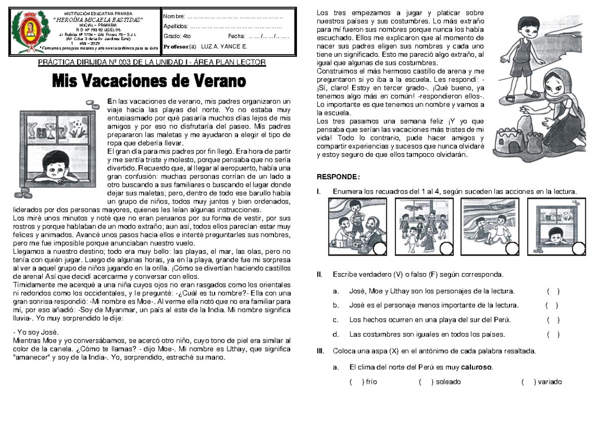 Hojas De Trabajo De Comprensión Lectora Para Las Vacaciones