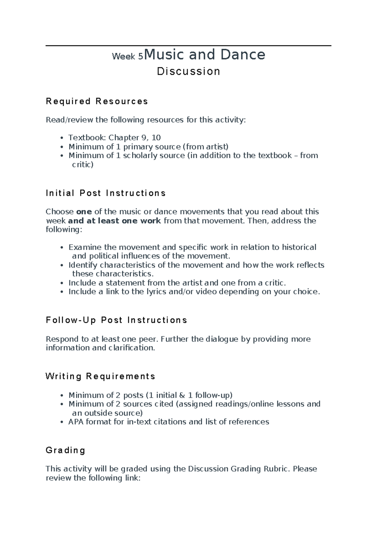 Week 5 Discussion: Music & Dance Movements Analysis (Course Code) - Studocu