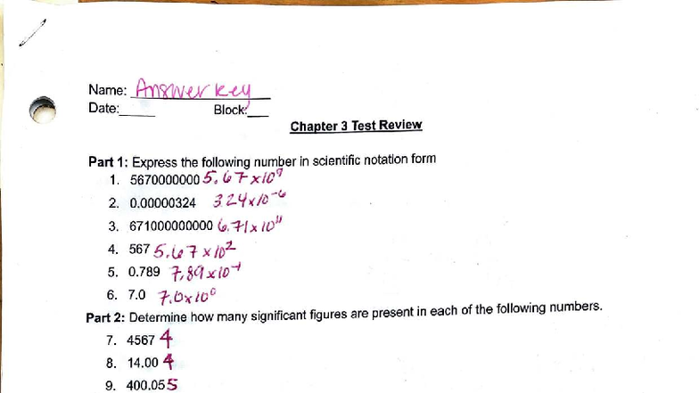 CHM 101: Chapter 3 Test Review - Scientific Notation & Significant ...