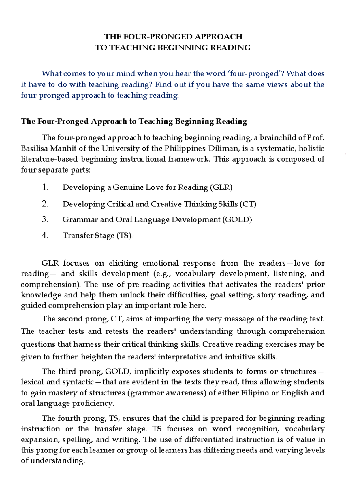 Four-Pronged Approach to Teaching Beginning Reading (EDUC 101) - Studocu