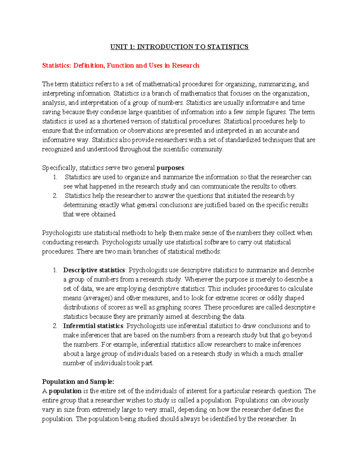 Bpsy102 1n Basic Statistics Notes For Mid Sem Examinations Unit 1