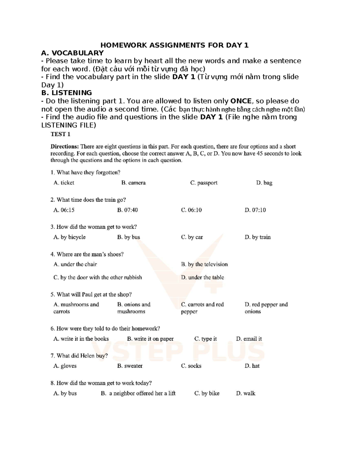Homework Assignments for Day 1: Vocabulary, Listening, Speaking ...