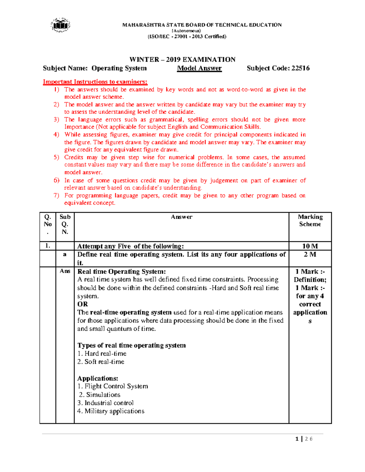 Operating System Model Answer Key - Winter 2019 (Subject Code: 22516 ...