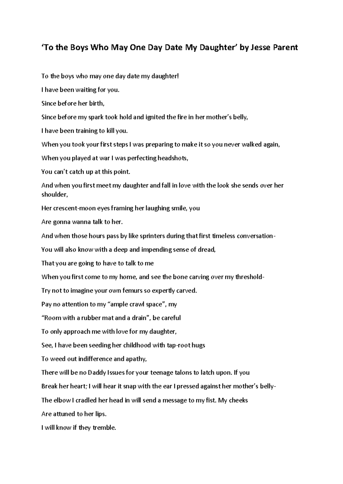 To the Boys Who May One Day Date My Daughter: A Father's Warning - Studocu
