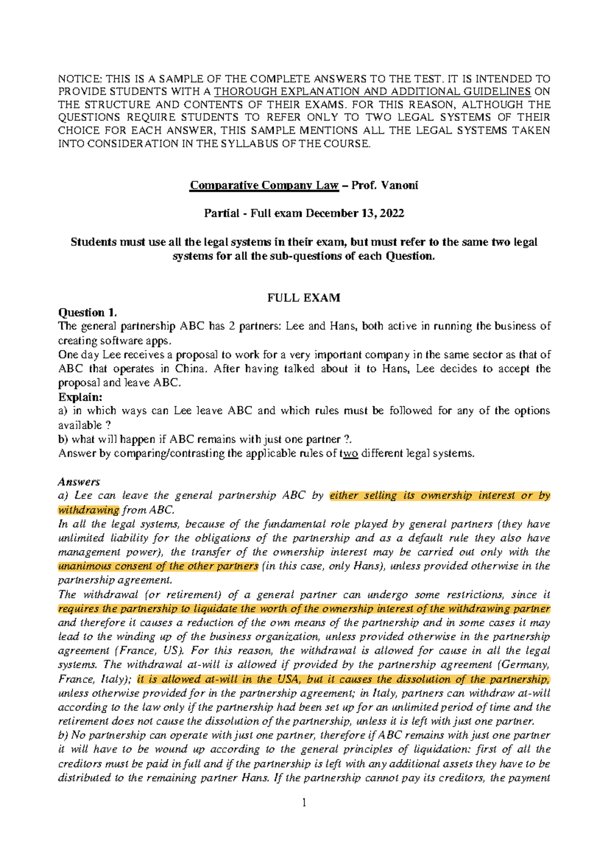 Sample Answers for CCL Exam - Comparative Company Law (Dec 13, 2022 ...