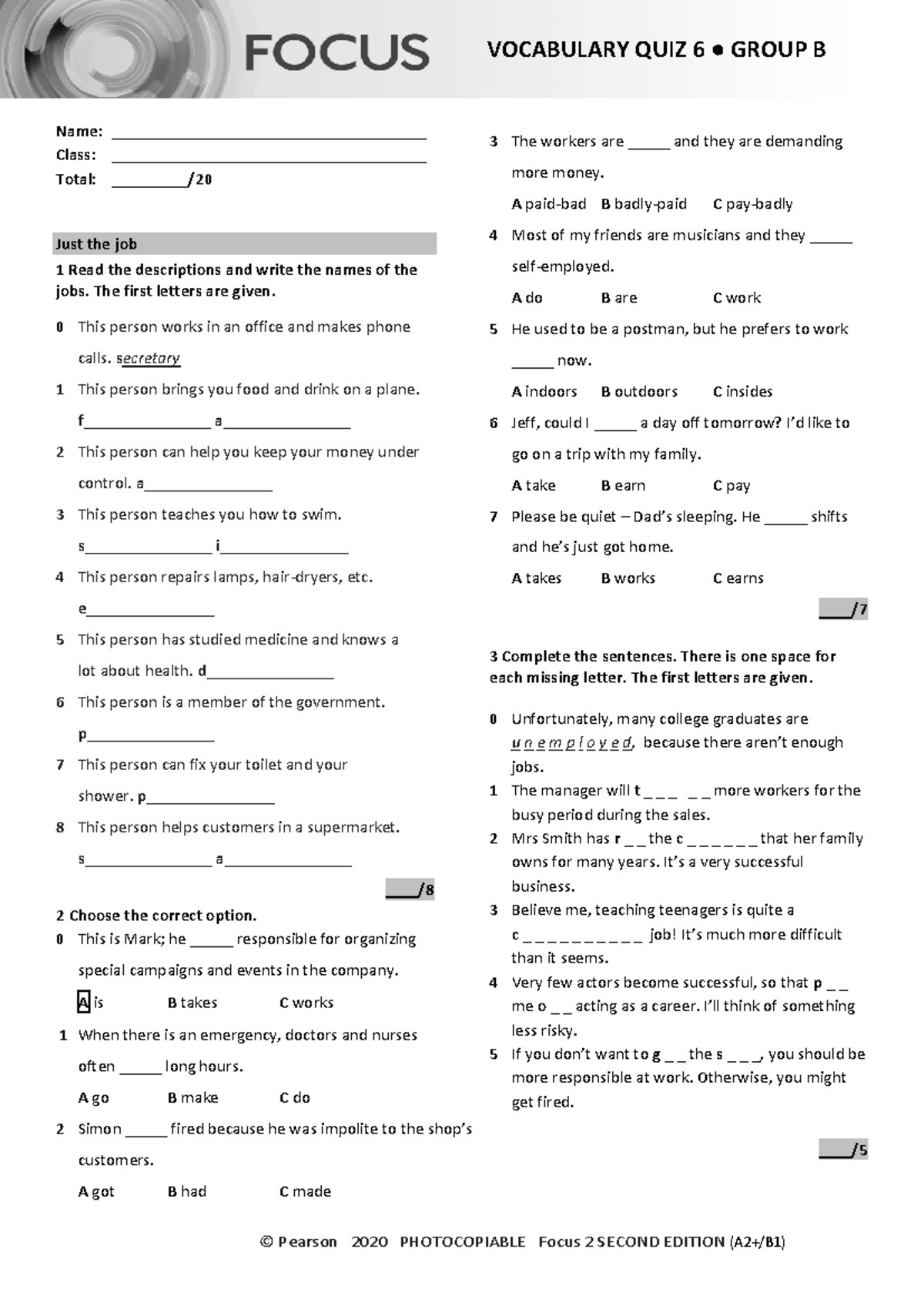 Focus 2 2E Vocabulary Quiz Unit 6 - Group B Assessment - Studocu