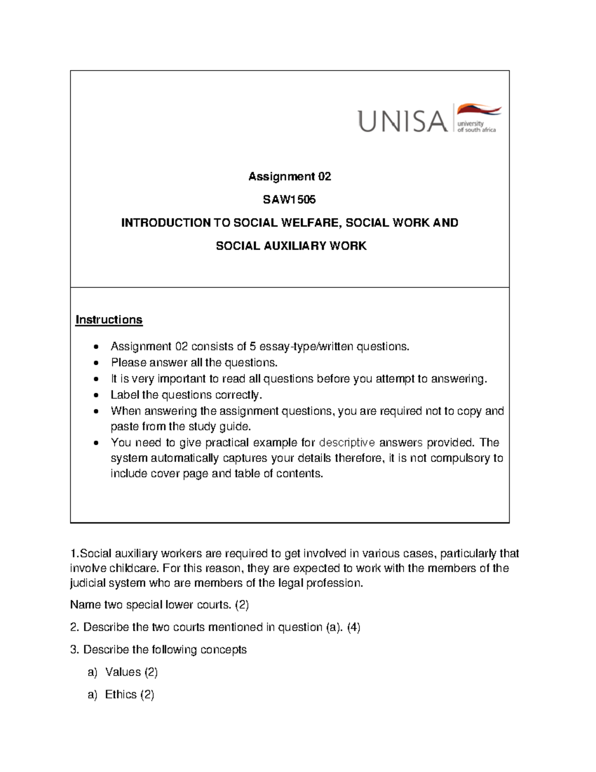 Assignment 02 SAW1505: Intro to Social Welfare & Auxiliary Work - Studocu